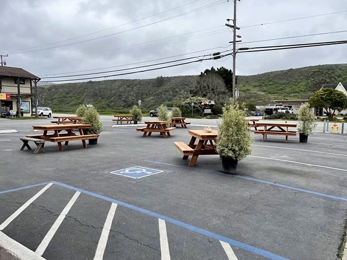 Outdoor picnic tables beckon for those perfect California days when fresh air enhances every single bite.