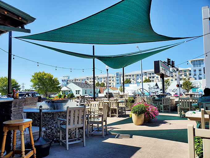 The outdoor patio offers perfect people-watching while you sip pints under Virginia Beach's coastal sky.