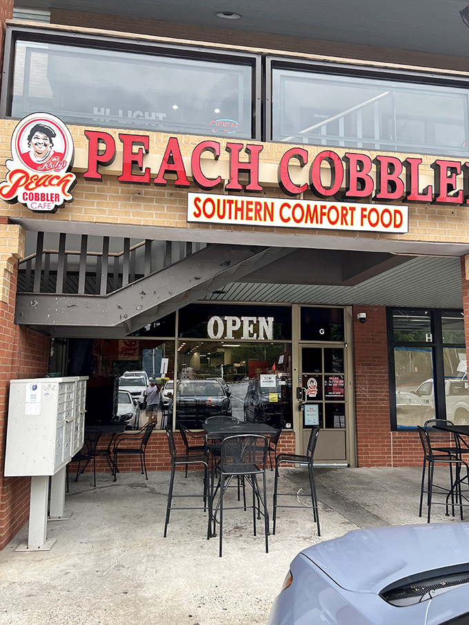 The modest outdoor seating area says, "Sure, you could eat here, but we both know you're taking this treasure home to enjoy in stretchy pants."