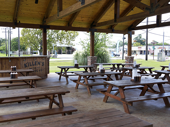 The covered outdoor seating area offers a picnic-perfect spot to devour your tray of meats while contemplating the meaning of barbecue life.