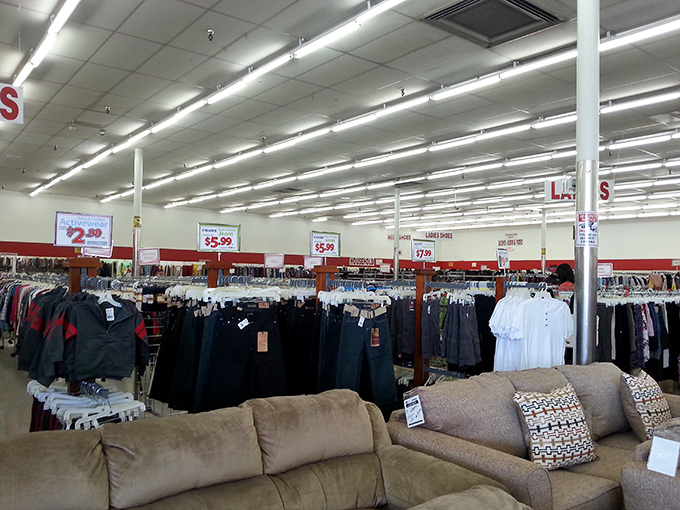 The furniture section offers comfy couches alongside racks of business attire &ndash; outfit yourself and your living room in one trip.