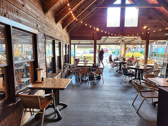 The covered patio offers string lights, mountain air, and the perfect setting for that "I can't believe we found this place" moment.