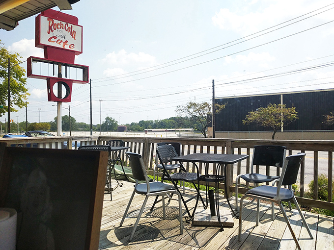 Even the outdoor seating carries the Rock-Cola charm, offering fresh air with your fresh coffee and a side of Brookville Road people-watching.