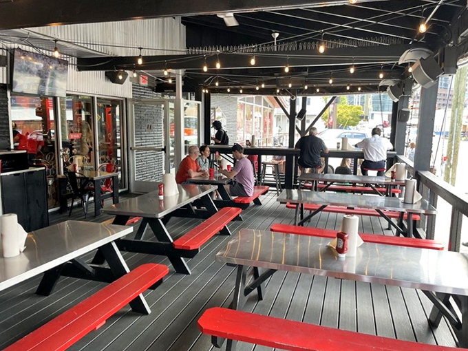 The patio offers respite for brave souls who've conquered the heat. Those picnic tables have heard more "wows" than a Roy Orbison concert. 