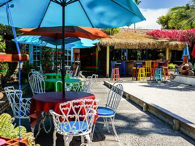 The patio offers a rainbow of seating options under the Arizona sky, where every table feels like the best seat in the house.