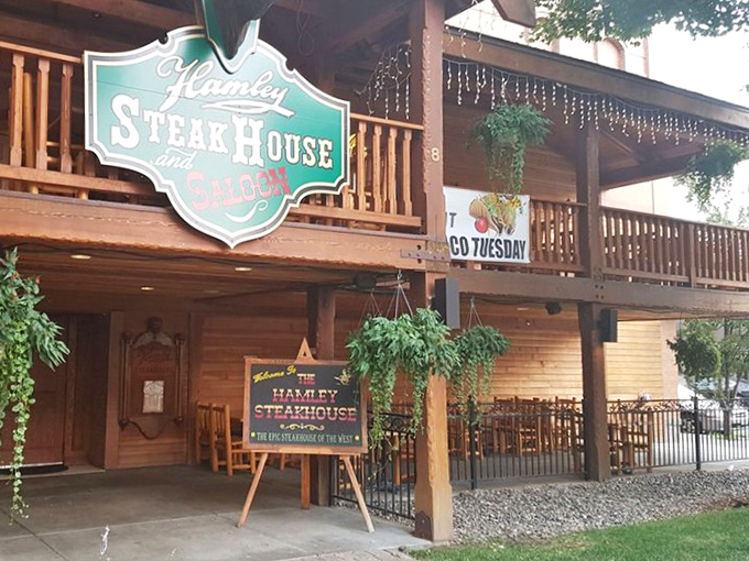 The front porch of flavor town! Hamley's welcoming exterior invites you to leave your diet at the door and embrace Western hospitality. 