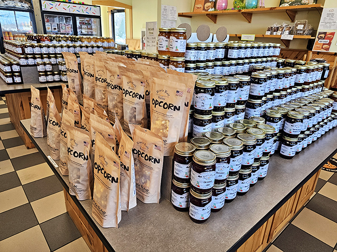 Popcorn bags stand at attention next to jam battalions&mdash;proof that Rise'n Roll has mastered snacks both sweet and savory.