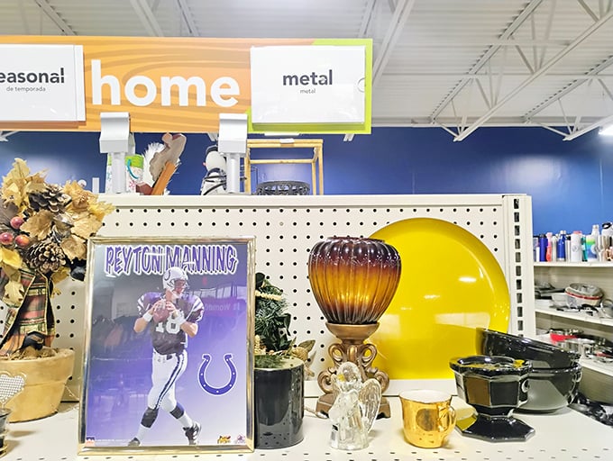 Peyton Manning watches over an eclectic collection of home goods&mdash;Indiana sports memorabilia mingles with everyday treasures.