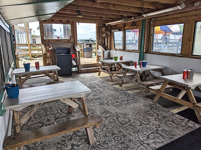 Indoor seating that feels like dining in a beloved fishing cabin&mdash;minus the early wake-up call to catch breakfast.