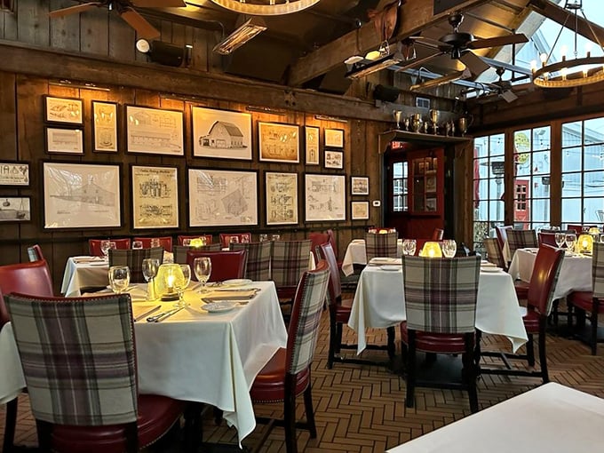 White tablecloths and plaid chairs aren't just decor&mdash;they're the setting for memories. Notice how everyone looks happier than at home?