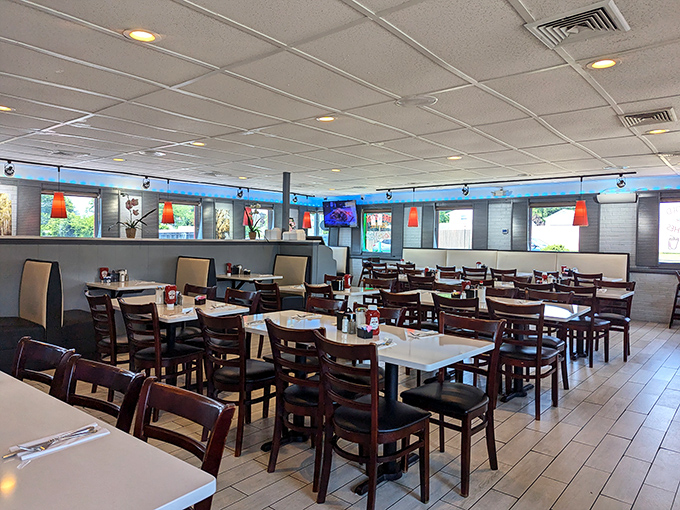 The dining room at Smiley's—where strangers become neighbors over coffee refills and the sharing of condiments.