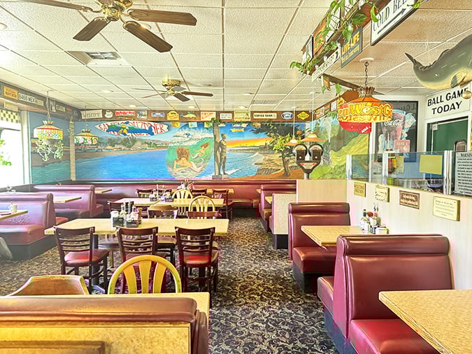 Murals of coastal scenes transport diners to the nearby shoreline. Every booth feels like the best seat in the house.