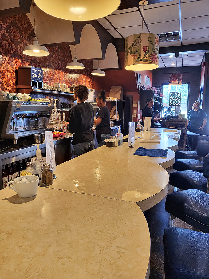 The counter where breakfast magic happens. Those pendant lamps have witnessed countless coffee refills and life-changing first bites.