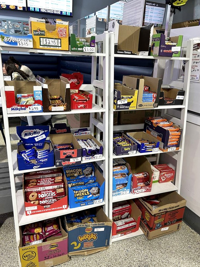 British candy shelves that would make Willy Wonka proud. Wagon Wheels and Milky Ways &ndash; a sweet taste of England after your savory feast.