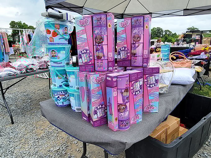 New-in-box toys waiting for second homes. Yesterday's hot items become today's collectibles in this carousel of childhood dreams and parental nostalgia.