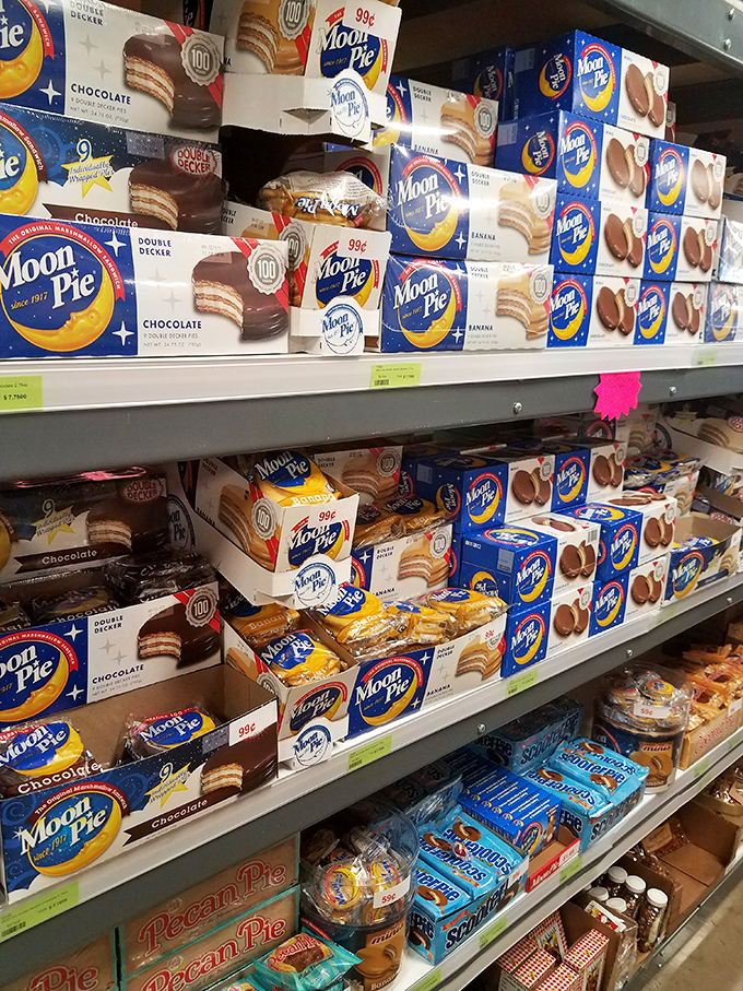 Moon Pies stacked like edible hockey pucks of nostalgia, ready to transport Southern transplants back home with one bite.