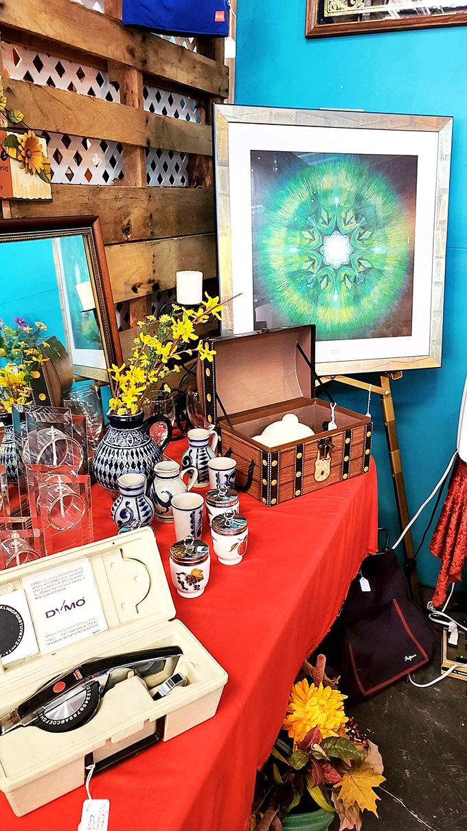 Blue walls showcase pottery and treasures that once graced homes during eras when "vintage" was simply called "new."