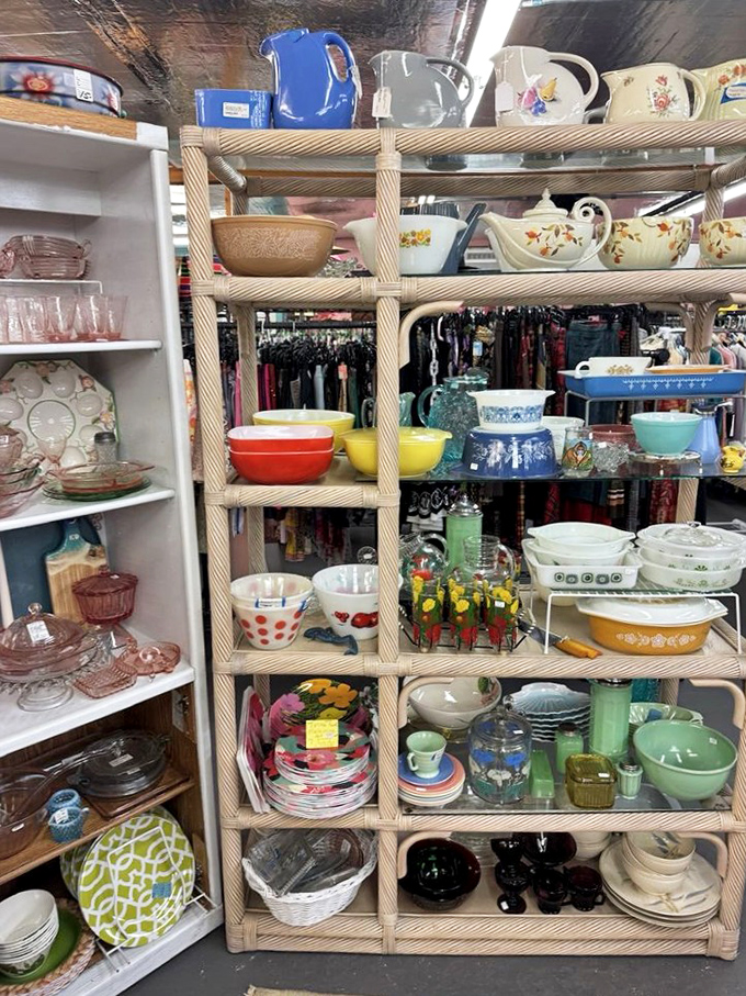 Vintage Pyrex and ceramic treasures await new homes. That mint green bowl has definitely seen some legendary potluck dinners in its day.