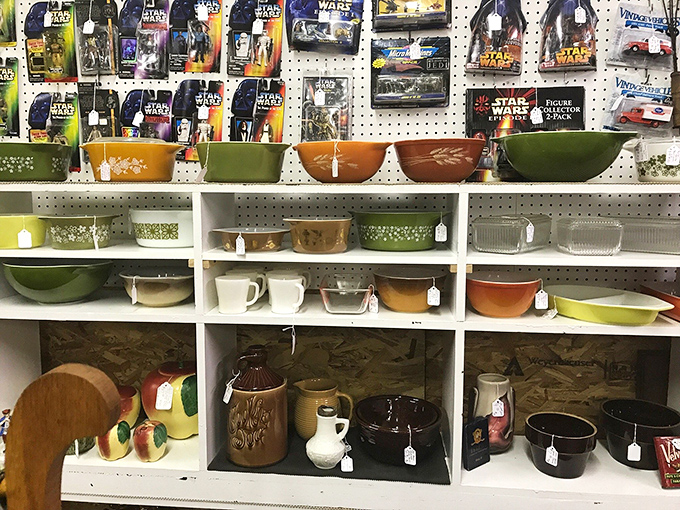Pyrex paradise! Mid-century cookware in harvest gold and avocado green that survived countless casseroles to reach collectible status.