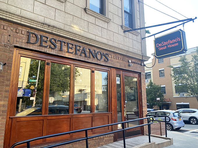 DeStefano's brick facade and classic signage whisper of old Brooklyn. Steakhouse tradition lives on in Williamsburg.