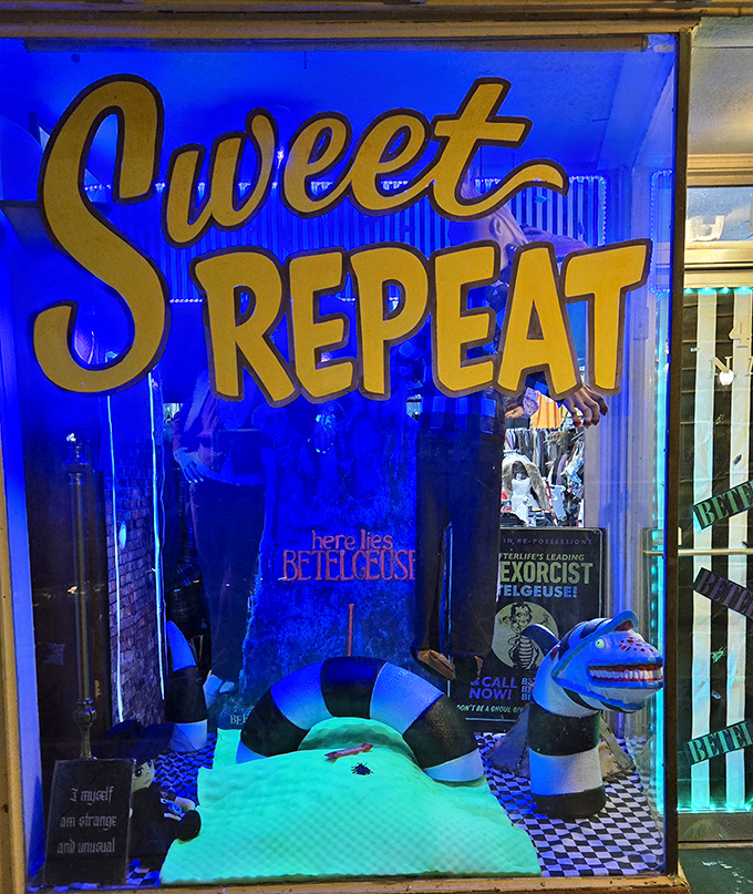 Sweet Repeat's glowing blue window display showcases its quirky personality. Where the strange and wonderful find new homes!