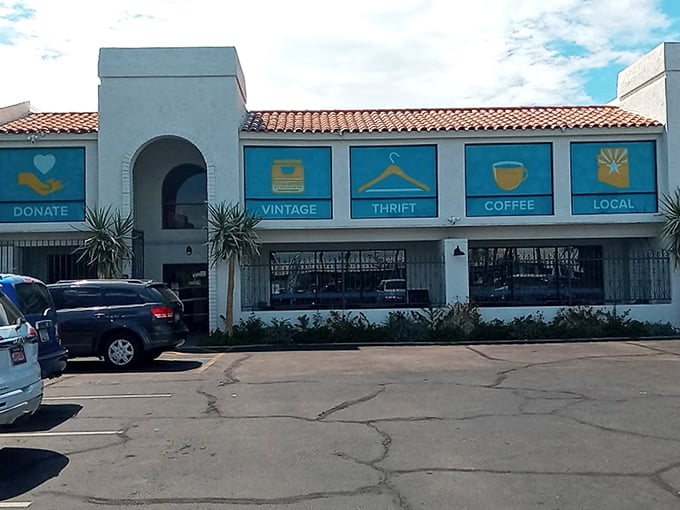 The blue window displays at Thrift to Thrive promise coffee, community, and carefully curated secondhand finds all under one roof.