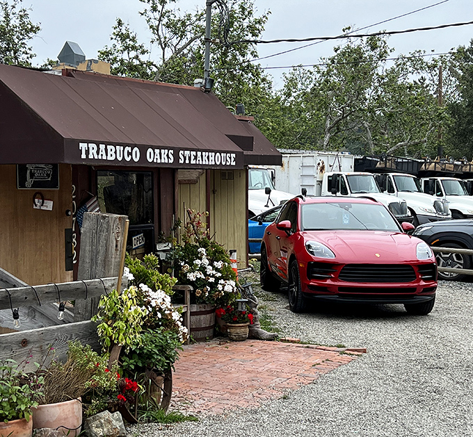 Trabuco Oaks' rustic cabin vibes and flower pots say, "Come in, relax, and prepare for steak nirvana."
