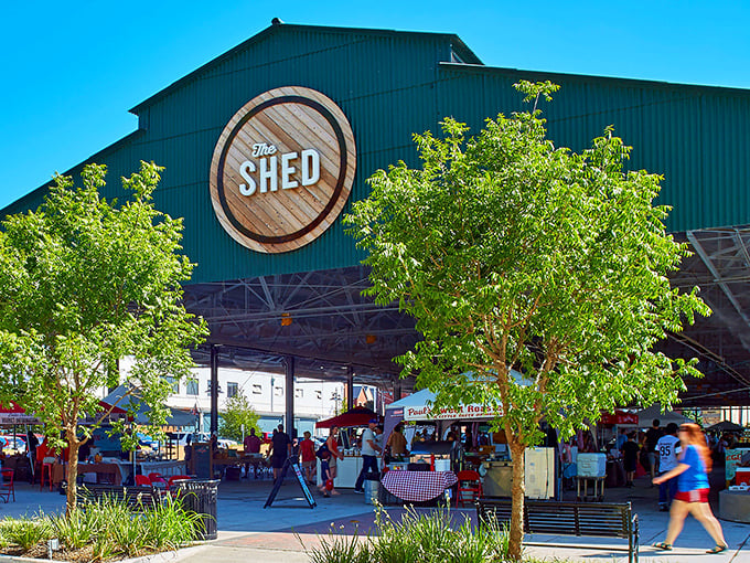 Inside The Shed, chandeliers cast a golden glow over displays that elevate "farmers market" to an art form.
