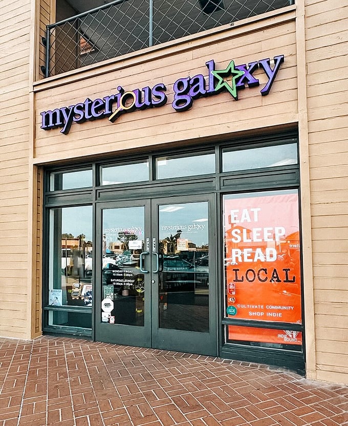 The colorful "Eat Sleep Read Local" sign at Mysterious Galaxy perfectly captures the indie bookstore spirit.