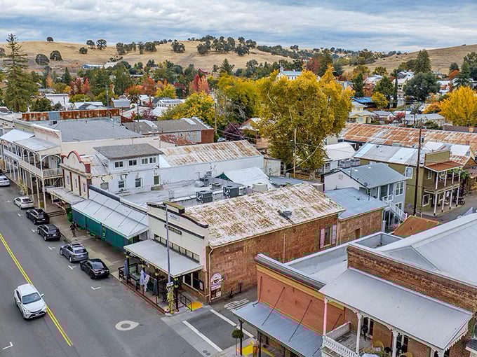 Aerial view of Sutter Creek reveals a town that's grown organically around its historic main street since Gold Rush days.