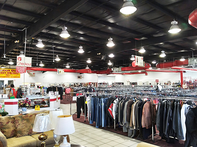 Spacious interior with enough clothing racks to outfit a small country &ndash; all organized for maximum shopping efficiency!