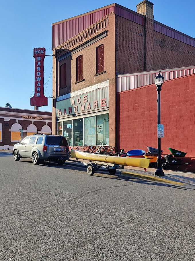 Ace Hardware displays canoes out front because in Ely, outdoor adventure isn't a lifestyle choice&mdash;it's simply what you do between errands.