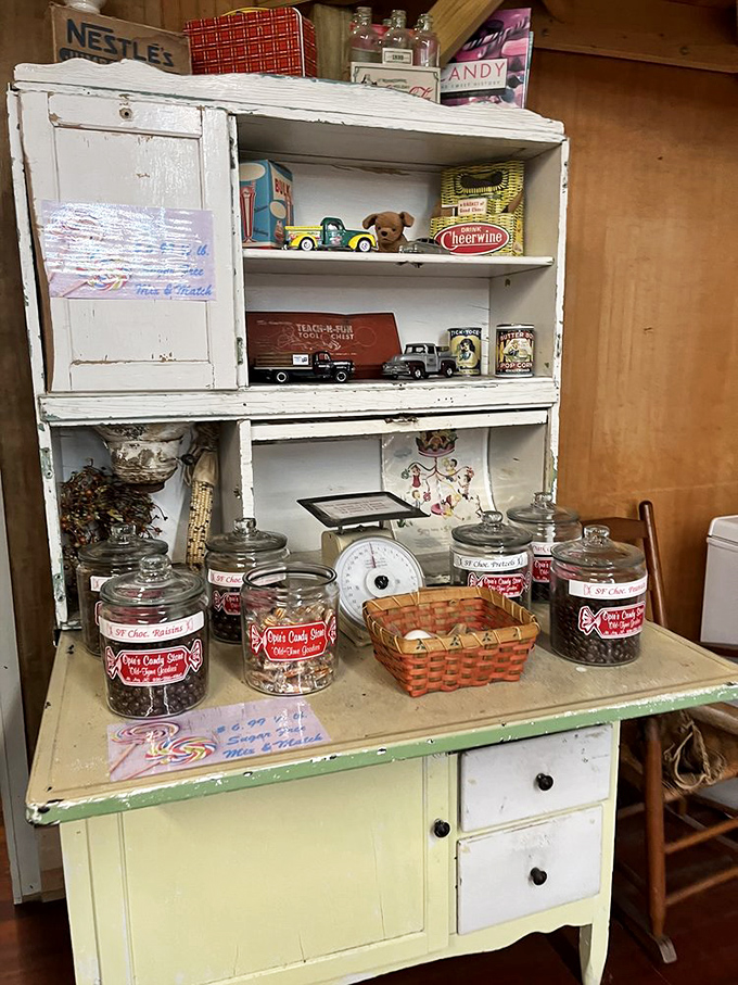 This isn't just an antique cabinet&mdash;it's a time-traveling candy command center where modern cravings meet vintage charm.