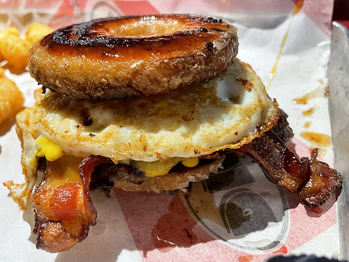 The Sandy sandwich defies convention and good sense - egg and bacon nestled between glazed donuts. Your cardiologist just felt a disturbance in the force.