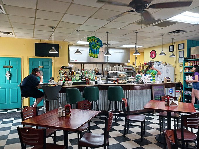 The heart of Damascus Diner &ndash; where tie-dye meets corrugated metal in a counter space that invites solo diners to feel right at home.
