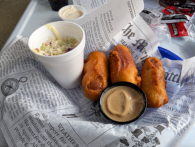 Battered sausage with tartar sauce and coleslaw - the British street food classic that makes you wonder why it hasn't conquered America yet.