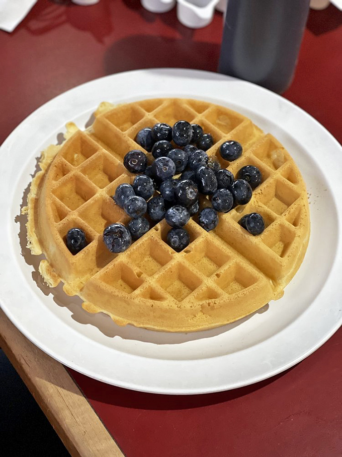 A golden waffle crowned with fresh blueberries&mdash;nature's candy&mdash;creating the perfect balance between virtuous and indulgent breakfast choices.