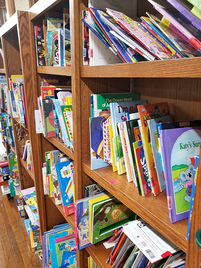 Wooden shelves groan under the weight of literary adventures, where children's classics neighbor cookbooks in a bibliophile's paradise.