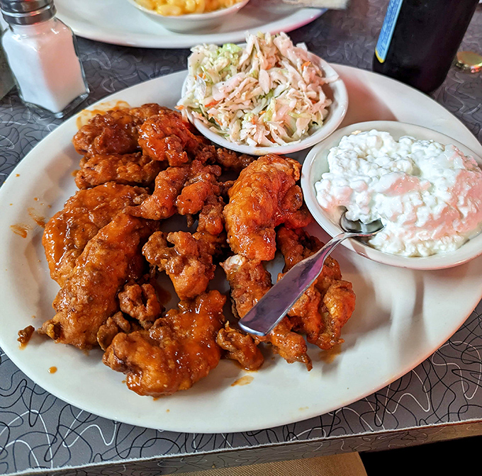 Buffalo wings with enough attitude to start their own rock band. The coleslaw and cottage cheese provide the rhythm section.