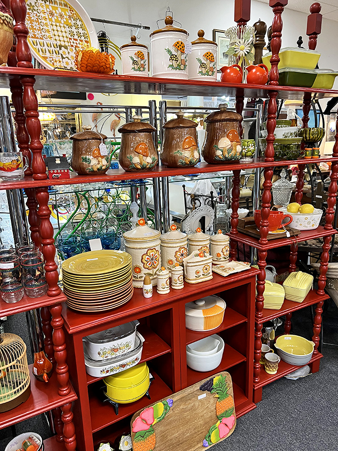 The mushroom canisters are giving serious 1970s vibes. Your avocado-colored refrigerator from back in the day is getting jealous just looking at them.