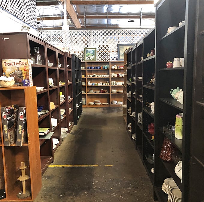 Dish heaven! Narrow aisles lined with everyday plates, quirky mugs, and the occasional complete set of something special.