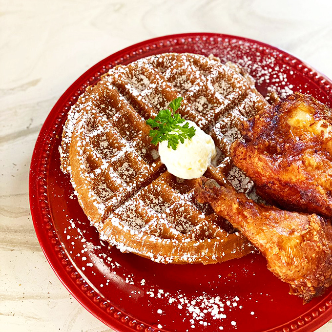 Chicken and waffles: where savory meets sweet in a relationship more perfect than most Hollywood marriages.