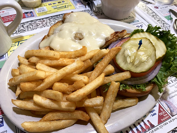 A sandwich that doesn't just satisfy hunger&mdash;it abolishes it. Melted cheese cascading over chicken with fries standing by for backup.