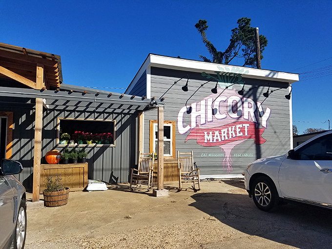 Chicory Market's rocking chairs invite you to sit a spell after filling your basket with Mississippi-grown goodness and homemade treats.
