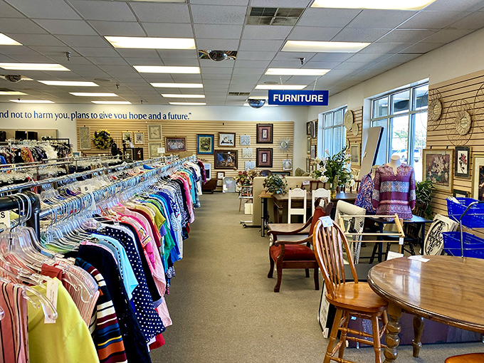 Where clothing meets furniture in perfect retail harmony. That blue "FURNITURE" sign might as well say "POSSIBILITIES."