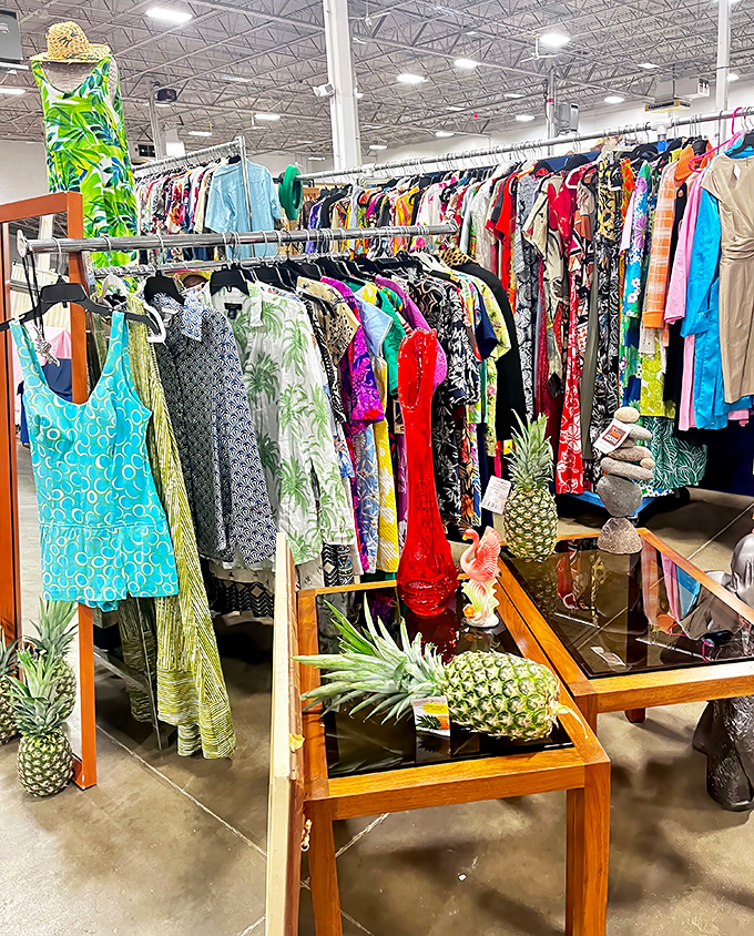 Tropical vibes and vintage patterns create a fashion time machine. That Hawaiian shirt practically whispers promises of endless summer and tiki drinks.