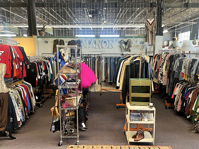 The vintage clothing section: where yesterday's fashion faux pas become today's statement pieces. That hot pink number is calling someone's name.