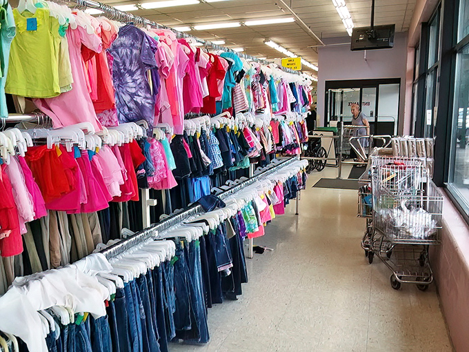 The children's section: a rainbow of tiny garments where parents can dress growing kids without growing their credit card debt.