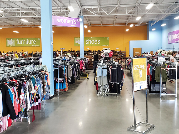 The clothing section: organized chaos where fashion archaeologists dig for designer labels hiding among everyday basics.