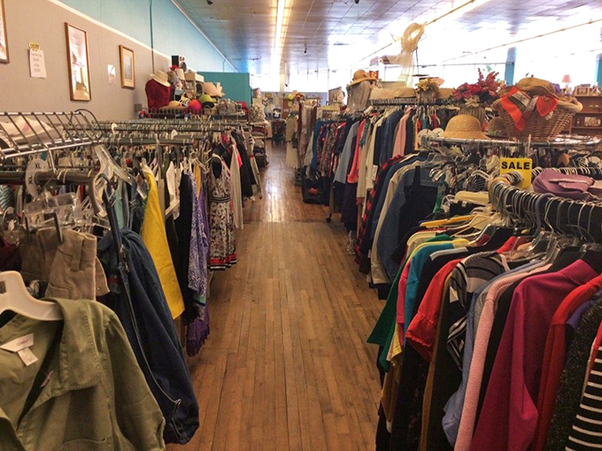 The clothing section stretches toward infinity &ndash; a rainbow river of fabrics where vintage hunters can pan for fashion gold.